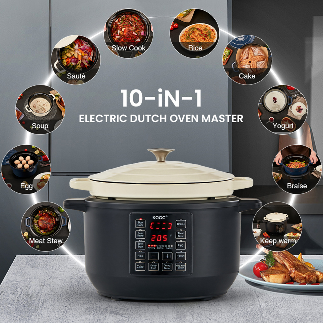 KOOC 10-in-1 Electric Dutch Oven, 6-Quart White, Slow Cook, Braise, Me ...